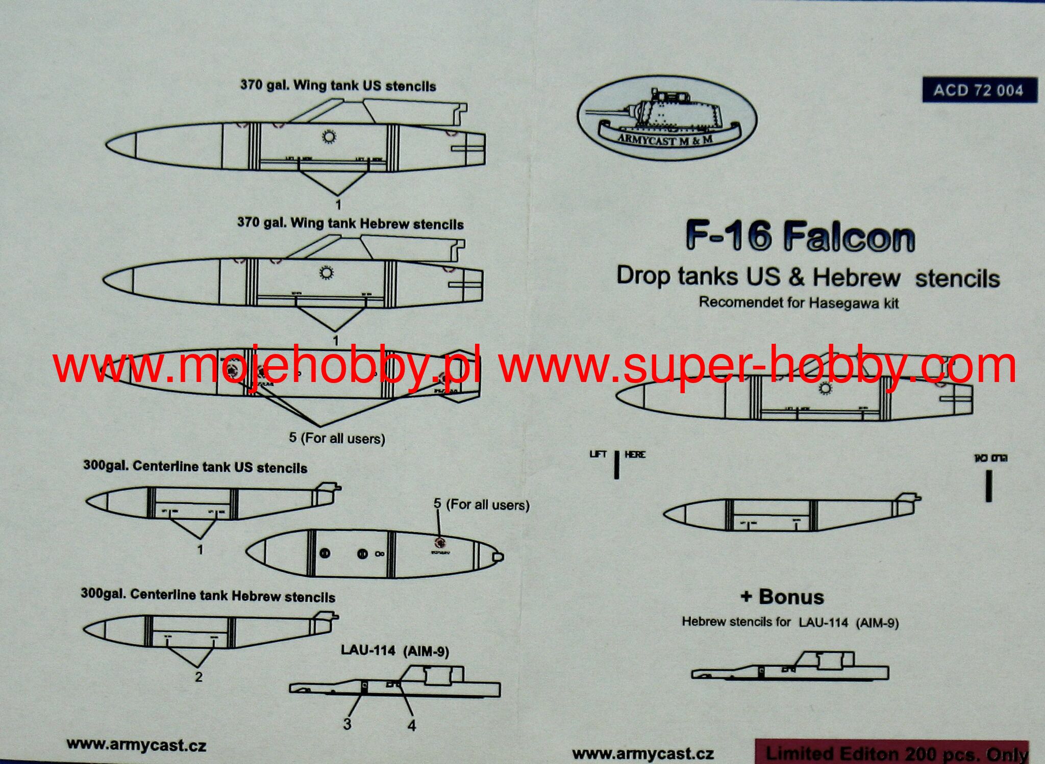 F-16 Falcon - Drop Tanks US and Hebrew Stencils Armycast -ACD72004